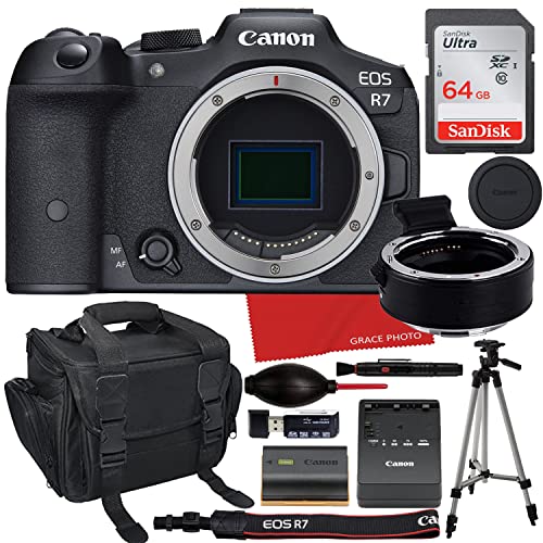 Canon EOS R7 Mirrorless Camera Body Bundle + EOS R Adapter + 64GB Ultra High Speed Memory, Gadget Case, Tripod & More (14 Pieces)