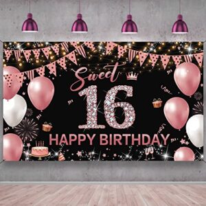 sweet 16 birthday backdrop banner, sweet 16 birthday decorations, rose gold sweet sixteen decorations for girls, sweet 16 photo booth backdrop, 16th birthday decorations, fabric 6.1ft x 3.6ft phxey