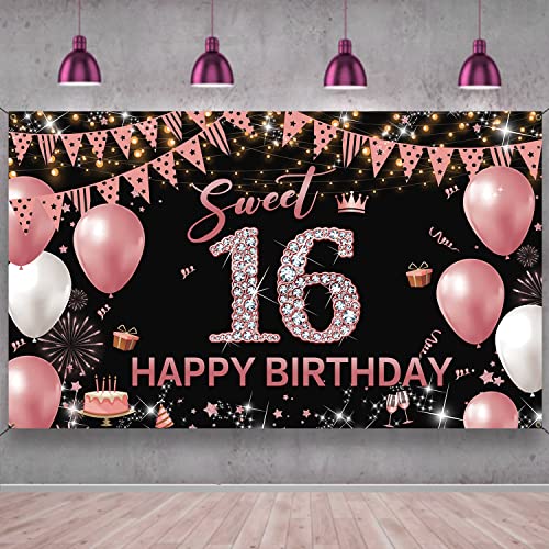 Sweet 16 Birthday Backdrop Banner, Sweet 16 Birthday Decorations, Rose Gold Sweet Sixteen Decorations for Girls, Sweet 16 Photo Booth Backdrop, 16th Birthday Decorations, Fabric 6.1ft x 3.6ft PHXEY