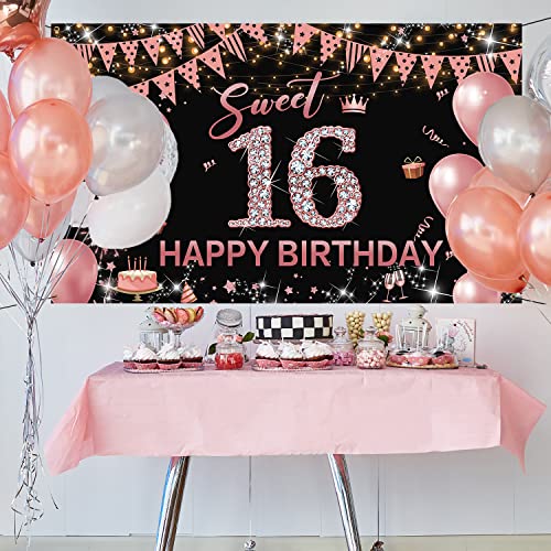 Sweet 16 Birthday Backdrop Banner, Sweet 16 Birthday Decorations, Rose Gold Sweet Sixteen Decorations for Girls, Sweet 16 Photo Booth Backdrop, 16th Birthday Decorations, Fabric 6.1ft x 3.6ft PHXEY