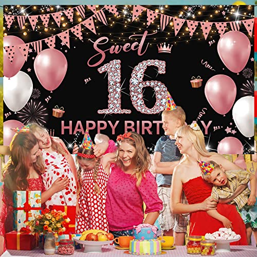 Sweet 16 Birthday Backdrop Banner, Sweet 16 Birthday Decorations, Rose Gold Sweet Sixteen Decorations for Girls, Sweet 16 Photo Booth Backdrop, 16th Birthday Decorations, Fabric 6.1ft x 3.6ft PHXEY