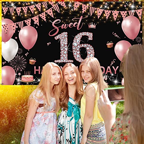 Sweet 16 Birthday Backdrop Banner, Sweet 16 Birthday Decorations, Rose Gold Sweet Sixteen Decorations for Girls, Sweet 16 Photo Booth Backdrop, 16th Birthday Decorations, Fabric 6.1ft x 3.6ft PHXEY