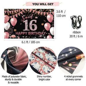 Sweet 16 Birthday Backdrop Banner, Sweet 16 Birthday Decorations, Rose Gold Sweet Sixteen Decorations for Girls, Sweet 16 Photo Booth Backdrop, 16th Birthday Decorations, Fabric 6.1ft x 3.6ft PHXEY