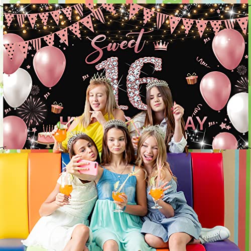 Sweet 16 Birthday Backdrop Banner, Sweet 16 Birthday Decorations, Rose Gold Sweet Sixteen Decorations for Girls, Sweet 16 Photo Booth Backdrop, 16th Birthday Decorations, Fabric 6.1ft x 3.6ft PHXEY