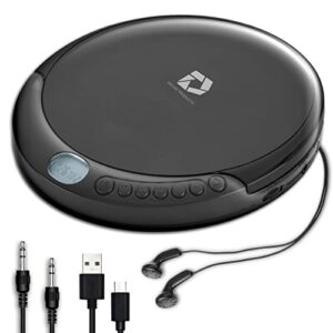 deluxe products cd player portable with 60 second anti skip, stereo earbuds, includes aux in cable and ac usb power cable for use at home or in car