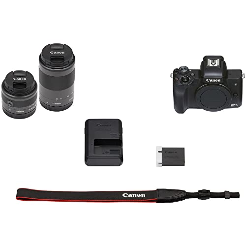 Canon EOS M50 Mark II Mirrorless Camera with 15-45mm and 55-200mm Lenses (Black) (4728C014) + 64GB Card + Card Reader + Case + Flex Tripod + Hand Strap + Cap Keeper + More (Renewed)