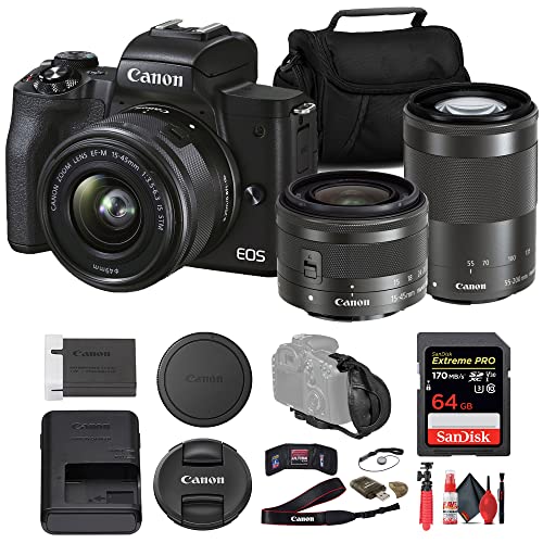 Canon EOS M50 Mark II Mirrorless Camera with 15-45mm and 55-200mm Lenses (Black) (4728C014) + 64GB Card + Card Reader + Case + Flex Tripod + Hand Strap + Cap Keeper + More (Renewed)