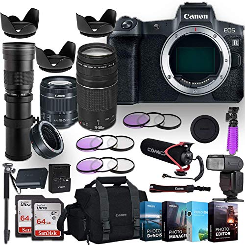 Canon EOS R Mirrorless Digital Camera w/ 3 Lenses + Adapter Bundle (EF-S 18-55mm f/4-5.6 is STM Lens, EF 75-300mm f/4-5.6 III, 420-800mm Zoom Lens) with Pro Accessory Kit (Renewed)