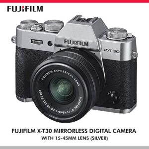 Fujifilm X-T30 4K Wi-Fi Mirrorless Digital Camera with XC 15-45mm Lens Kit - Silver with 32GB Bundle and Travel Photo Cleaning Kit