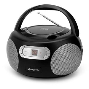 byronstatics portable cd player boombox with am fm radio, top loading cd, 1w rms x 2 stereo speaker, aux-in jack, lcd display, ac110-120v operated black