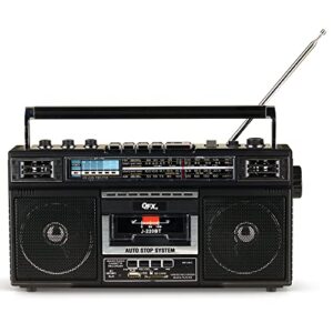 qfx j-220bt boombox mp3 conversion from radio to cassette with 4-band (am, fm, sw1, sw2) radio with bluetooth, dual 3” speakers, built-in microphone, recorder, and a 3-band equalizer