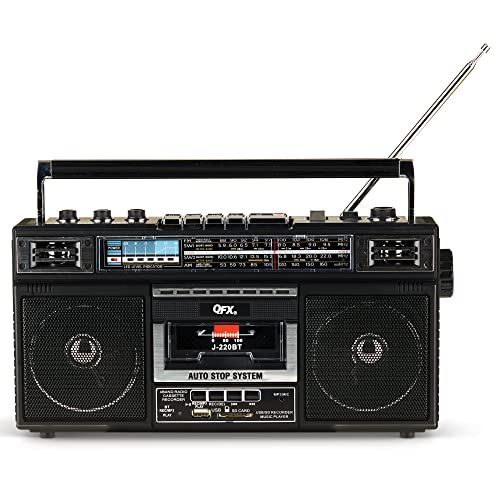 QFX J-220BT Boombox MP3 Conversion from Radio to Cassette with 4-Band (AM, FM, SW1, SW2) Radio with Bluetooth, Dual 3” Speakers, Built-in Microphone, Recorder, and a 3-Band Equalizer