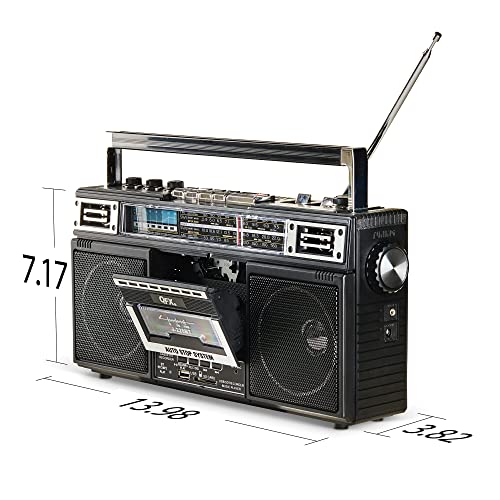 QFX J-220BT Boombox MP3 Conversion from Radio to Cassette with 4-Band (AM, FM, SW1, SW2) Radio with Bluetooth, Dual 3” Speakers, Built-in Microphone, Recorder, and a 3-Band Equalizer