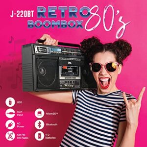 QFX J-220BT Boombox MP3 Conversion from Radio to Cassette with 4-Band (AM, FM, SW1, SW2) Radio with Bluetooth, Dual 3” Speakers, Built-in Microphone, Recorder, and a 3-Band Equalizer