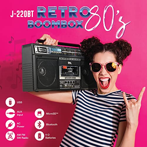 QFX J-220BT Boombox MP3 Conversion from Radio to Cassette with 4-Band (AM, FM, SW1, SW2) Radio with Bluetooth, Dual 3” Speakers, Built-in Microphone, Recorder, and a 3-Band Equalizer