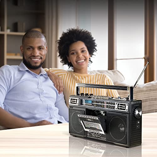 QFX J-220BT Boombox MP3 Conversion from Radio to Cassette with 4-Band (AM, FM, SW1, SW2) Radio with Bluetooth, Dual 3” Speakers, Built-in Microphone, Recorder, and a 3-Band Equalizer