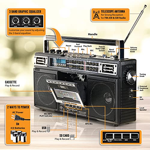 QFX J-220BT Boombox MP3 Conversion from Radio to Cassette with 4-Band (AM, FM, SW1, SW2) Radio with Bluetooth, Dual 3” Speakers, Built-in Microphone, Recorder, and a 3-Band Equalizer