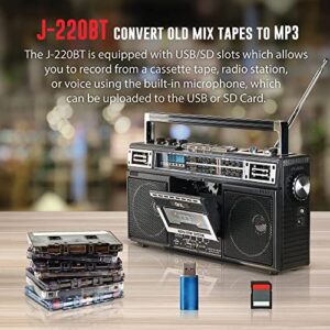 QFX J-220BT Boombox MP3 Conversion from Radio to Cassette with 4-Band (AM, FM, SW1, SW2) Radio with Bluetooth, Dual 3” Speakers, Built-in Microphone, Recorder, and a 3-Band Equalizer