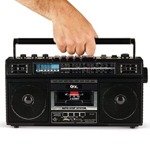 QFX J-220BT Boombox MP3 Conversion from Radio to Cassette with 4-Band (AM, FM, SW1, SW2) Radio with Bluetooth, Dual 3” Speakers, Built-in Microphone, Recorder, and a 3-Band Equalizer