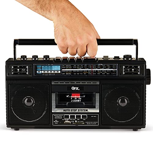 QFX J-220BT Boombox MP3 Conversion from Radio to Cassette with 4-Band (AM, FM, SW1, SW2) Radio with Bluetooth, Dual 3” Speakers, Built-in Microphone, Recorder, and a 3-Band Equalizer