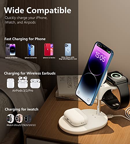 Wireless Charging Station for Multiple Devices Apple, 3 in 1 Wireless Charger Stand Mage-Safe Charger Charging Dock for iPhone 14 13 12 Series iWatch AirPods