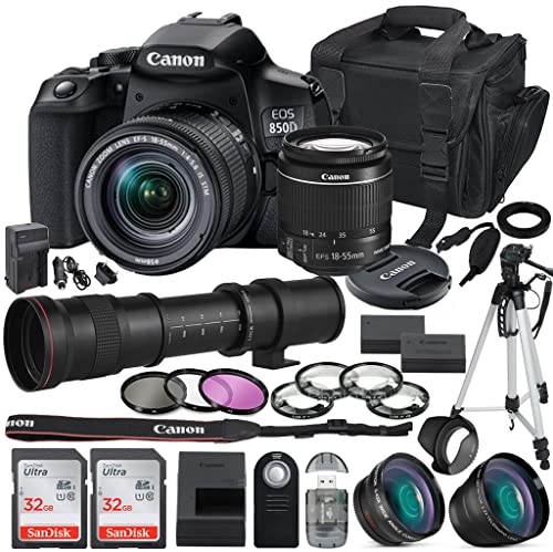 Canon EOS 850D (Rebel T8i) DSLR Camera with 18-55mm Lens Bundle + 420-800mm MF Zoom Lens + 2X 32GB Sandisk Memory + Accessory Bundle Including Auxiliary Lenses, Tripod, Camera case & More