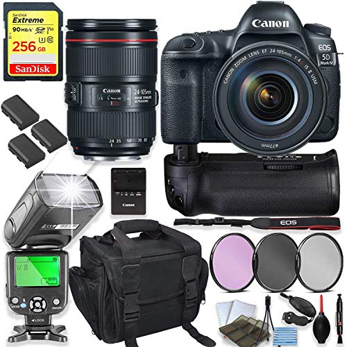 Canon EOS 5D Mark IV DSLR Camera with 24-105mm f/4L II Lens Kit + 256GB Sandisk Memory, TTL Speedlight Flash (Good Up-to 180 Feet), Pro Power Grip + Holiday Special Bundle (Renewed)