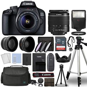 canon eos 4000d / rebel t100 digital slr camera body w/canon ef-s 18-55mm f/3.5-5.6 lens 3 lens dslr kit bundled with complete accessory bundle + 64gb + flash + case & more – international model