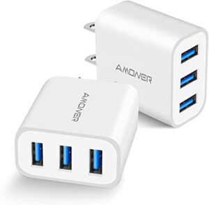 usb wall charger, amoner 2pack 15w 3-port usb plug cube usb cube power adapter for iphone 14/13/12/11/pro/promax/xs/xr/x/8, galaxy s22 s21 and more