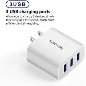 USB Wall Charger, Amoner 2Pack 15W 3-Port USB Plug Cube USB Cube Power Adapter for iPhone 14/13/12/11/Pro/ProMax/Xs/XR/X/8, Galaxy S22 S21 and More