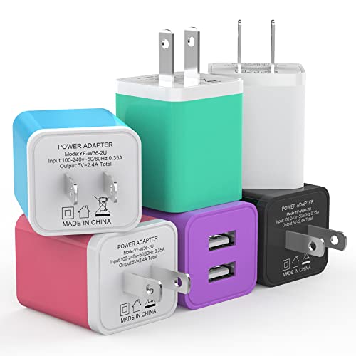 6Pack USB Wall Charger, iGENJUN 2.4A Dual USB Port Cube Power Plug Adapter Fast Phone Charger Block Charging Box Brick for iPhone 14/14 Pro/14 Pro Max/13, Samsung Galaxy, Pixel, LG, Android-Colorful