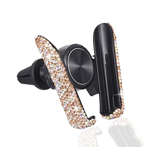 ATMOMO Gold with AB Color Plated Bling Crystal Car Phone Mount Universal Air Vent Car Phone Holder Dashboard Phone Mount Stand Holder