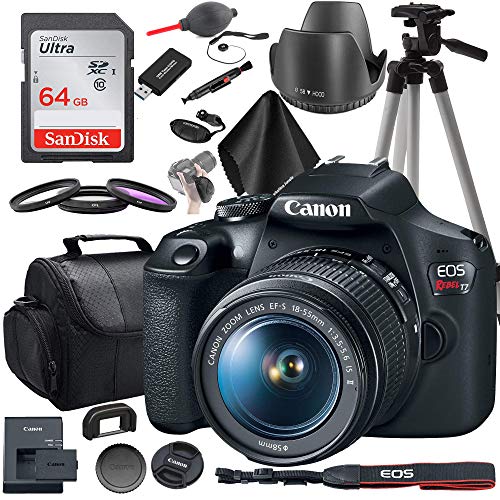 Canon Intl | MJ EOS Rebel T7 DSLR Camera with 18-55mm f3.5-5.6 Zoom Lens Bundle | 64GB SD Card, Tripod, Case Plus Accessory Kit, Black