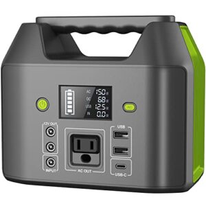 enginstar portable power station, 150w 155wh power bank with 110v ac outlet, 6 outputs external battery pack portable backup battery laptop charger with led light for home camping