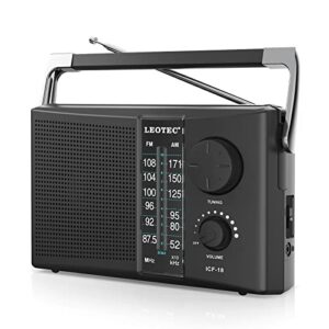 leotec portable am fm radio with best reception,battery operated or ac power,big speaker,large tuning knob,clear dial,earphone jack for gift,elder,home