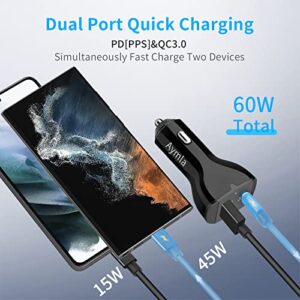 USB C Super Fast Charging Car Charger, Aymla 60W/45W/25W/15W PD[PPS] & QC3.0 Adaptive Adapter for Samsung Galaxy S23 Ultra/Plus/S22/S21, Note 20/10, Google Pixel, MacBook, iPad Pro - 6ft Type-C Cord