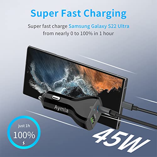 USB C Super Fast Charging Car Charger, Aymla 60W/45W/25W/15W PD[PPS] & QC3.0 Adaptive Adapter for Samsung Galaxy S23 Ultra/Plus/S22/S21, Note 20/10, Google Pixel, MacBook, iPad Pro - 6ft Type-C Cord