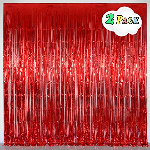 Red Foil Fringe Curtain Party Decorations, Melsan 3.2 x 8 ft Metallic Tinsel Curtains Streamer Backdrop for Christmas, Birthday, Anniversary, Valentine's Day Party Decorations, Pack of 2