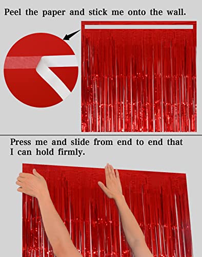 Red Foil Fringe Curtain Party Decorations, Melsan 3.2 x 8 ft Metallic Tinsel Curtains Streamer Backdrop for Christmas, Birthday, Anniversary, Valentine's Day Party Decorations, Pack of 2