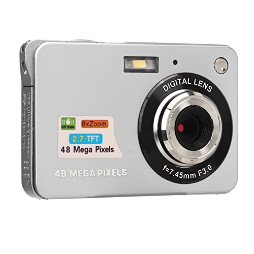 4K Compact Digital Camera, 48MP 2.7in LCD Screen Pocket Camera for Kids, 8X Zoom Rechargeable Students Vlogging Camera Support 128GB TF Card for Gifts, Beginners (Silver)