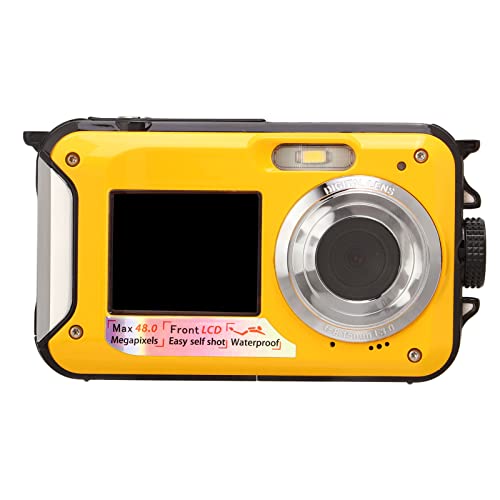 Waterproof Digital Camera, Full HD 2.7K 48MP 10ft Waterproof Underwater Digital Camera, 16X Digital Zoom Front Rear Double Screens Waterproof Digital Camera (Yellow)