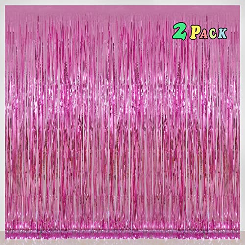 Pink Foil Fringe Curtains Tinsel Backdrop, Melsan 3.2 x 8 ft Metallic Tinsel Curtains Party Decorations for Baby Shower,Babbie, Mermaid Themed Birthday Party Backdrop - Pack of 2