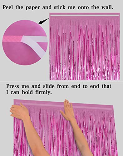 Pink Foil Fringe Curtains Tinsel Backdrop, Melsan 3.2 x 8 ft Metallic Tinsel Curtains Party Decorations for Baby Shower,Babbie, Mermaid Themed Birthday Party Backdrop - Pack of 2