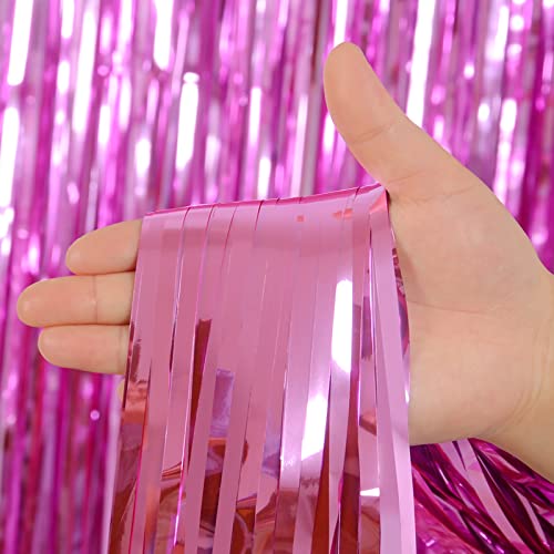 Pink Foil Fringe Curtains Tinsel Backdrop, Melsan 3.2 x 8 ft Metallic Tinsel Curtains Party Decorations for Baby Shower,Babbie, Mermaid Themed Birthday Party Backdrop - Pack of 2