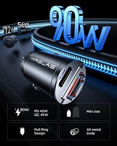 90W USB C Car Charger,[Super Mini Metal] USB C Car Charger Fast Charging Adapter PD+QC3.0 Dual Port MRGLAS Type C Car Cigarette Lighter USB Charger Compatible iPhone 14 13 Pro Max iPad Samsung Macbook