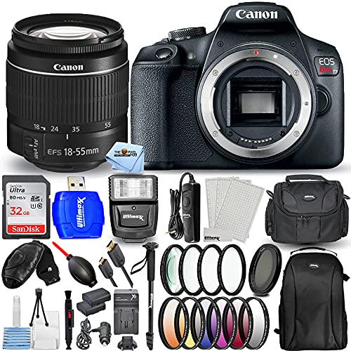 Canon Rebel T7 with 18-55mm III Lens Bundle Includes: Extra Replacement Battery and Travel Charger, Ultra 32GB SD, Slave Flash, Filter Kit, Backpack, 72" Monopod, Shutter Remote and More