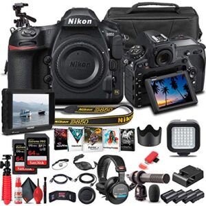 nikon d850 dslr camera (body only) (1585) + 4k monitor + pro headphones + mic + 2 x 64gb card + case + corel photo software + pro tripod + 3 x en-el 15 battery + more (international model) (renewed)