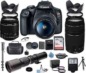 canon eos rebel 2000d dslr camera with 18-55mm is ii lens bundle + canon ef 75-300mm f/4-5.6 iii lens and 500mm preset lens + 32gb memory + filters + monopod + professional bundle +top knotch cloth