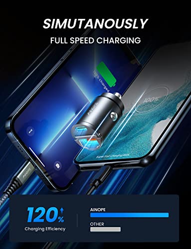 72W Fast Car Charger [PD36W & QC36W], AINOPE USB C Car Charger Fast Charging with 3.3ft Nylon Braided Type C Cable, Mini Cigarette Lighter USB Charger PD & QC3.0 for Samsung S23 S22, Piexl 7 Pro, iPad