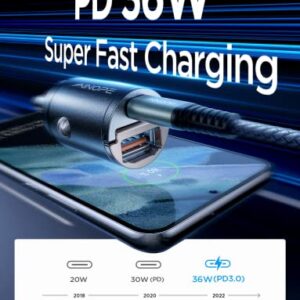 72W Fast Car Charger [PD36W & QC36W], AINOPE USB C Car Charger Fast Charging with 3.3ft Nylon Braided Type C Cable, Mini Cigarette Lighter USB Charger PD & QC3.0 for Samsung S23 S22, Piexl 7 Pro, iPad